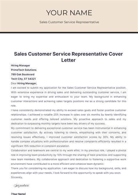 Free Sales Customer Service Representative Cover Letter Template To