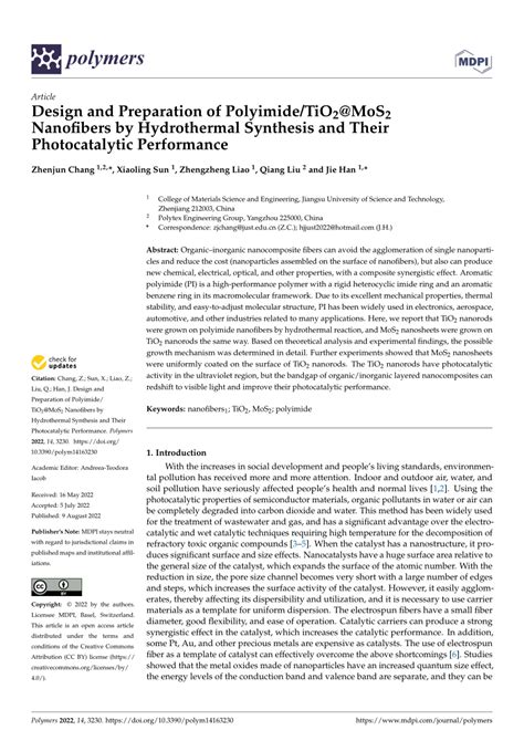Pdf Design And Preparation Of Polyimide Tio2 Mos2 Nanofibers By