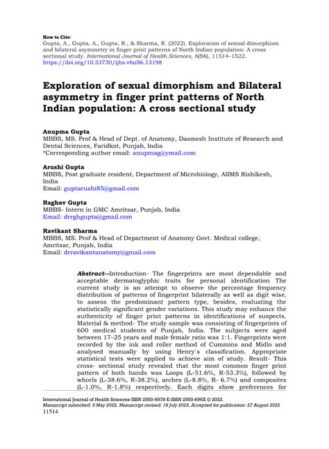 PDF Exploration Of Sexual Dimorphism And Bilateral Asymmetry In Finger Print Patterns Of North