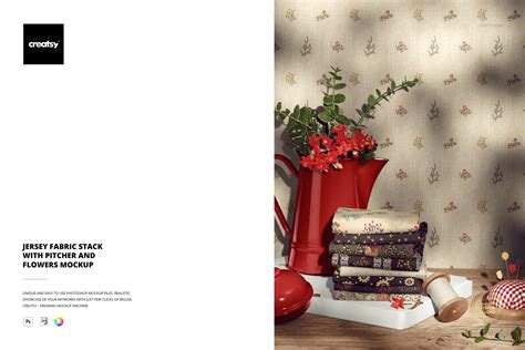 Jersey Fabric Stack With Pitcher And Flowers Mockup Creatsy®
