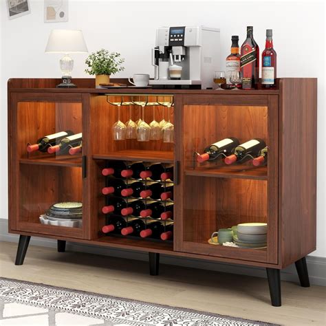 Auromie Wine Bar Cabinet With LED Light Home Coffee Cabinet With Wine