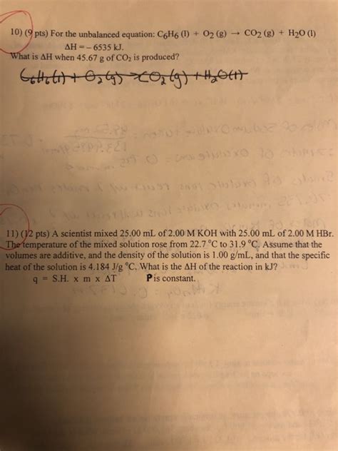 10 Pts For The Unbalanced Equation C6h6 1 O2 G → Co2 G H20