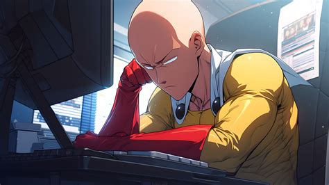 One Punch Man Saitama Sitting At Computer Desktop Wallpaper