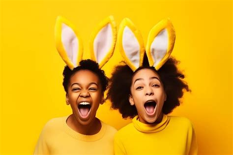 Premium Photo Happy Hispanic Girls In Bunny Ears Neural Network Ai