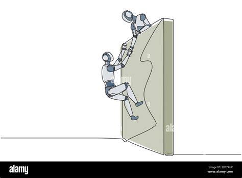 Single Continuous Line Drawing Robot Helping Another Robot Climb Wall