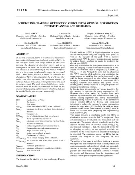 pdf scheduling charging of electric vehicles for optimal distribution