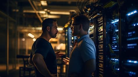 Premium Ai Image Technicians In Discussion Beside Server Rack