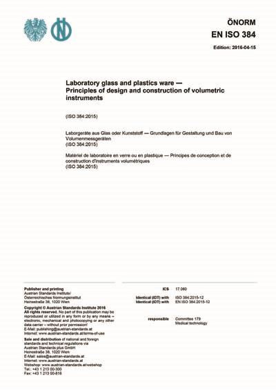 ONORM EN ISO 384:2016 - Laboratory glass and plastics ware - Principles ...