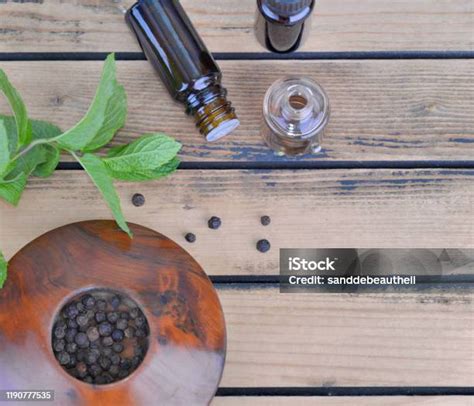 페퍼민트 인보병의 에센셜 오일과 나무 배경에 후추 씨앗을 넣은 민트의 신선한 Eaf 0명에 대한 스톡 사진 및 기타 이미지 0명 건강관리와 의술 건강한 생활방식