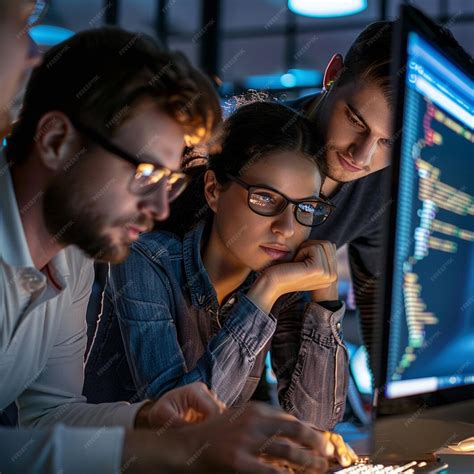 Premium Photo Photo Closeup Of Computer Programmers Discussing Over
