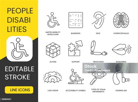 장애인 편집 가능한 스트로크로 설정된 벡터 라인 아이콘 휠체어 사람 및 시각 장애 청력 상실 및 청각 장애 수두증 및 자폐증