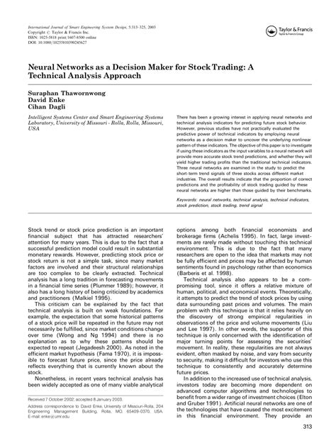 Pdf Neural Networks As A Decision Maker For Stock Trading A