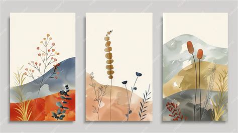 Premium Photo A Botanical Wall Art Modern Set With An Earth Tone Background Foliage Line Art