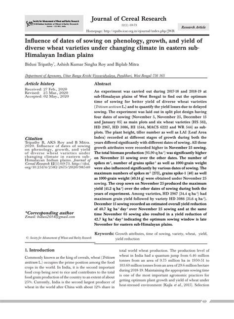 Pdf Influence Of Dates Of Sowing On Growth Attributes Phenology And Yield Performances Of