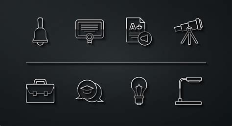 라인 울리는 종 서류 가방 망원경 아이디어가 있는 전구 졸업 모자 말풍선 인증서 템플릿 테이블 램프 및 시험 시트 A 플러스 등급 아이콘을 설정합니다 벡터 가방에 대한 스톡