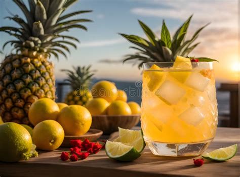 Tropical Mocktail Cocktail At Sunset On The Beach Stock Illustration
