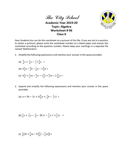 Class 06 Worksheet 06 Pdf Mathematics Algebra