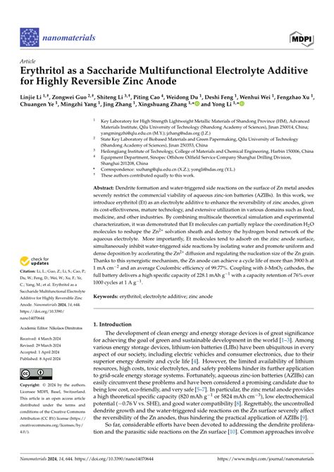 PDF Erythritol As A Saccharide Multifunctional Electrolyte Additive