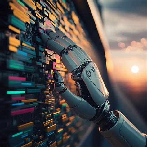 Ai Machine Learning Human And Robot Hands Interacting With Massive Amounts Of Data Connected