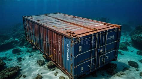 Submerged Orange Shipping Container Underwater Surrounded By Coral