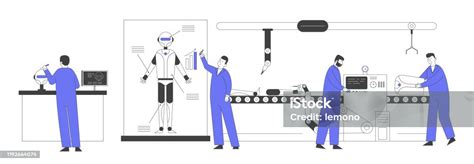 인공 지능 기술 엔지니어 제작 및 프로그래밍 로봇 하이테크 장비와 실험실에서 로봇 하드웨어 및 소프트웨어 공학 만화 플랫 벡터 일러스트 라인 아트 기계류에 대한 스톡 벡터
