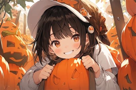 Premium Ai Image Anime Girl Holding A Pumpkin In Front Of A Group Of