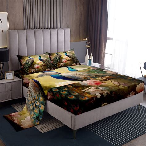 Yst Chic Peacock King Sheets 3d Jungle Animal Bed Set Flower Floral