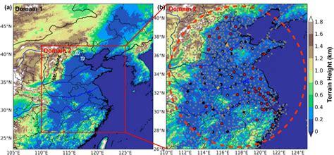 A Map Of Terrain Height In The Two Nested Model Domains B The