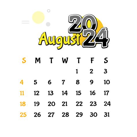 2024년 8월 투명 벡터 디자인 2024년 8월 달력 2024년 8월 달력 2024 Png 일러스트 및 벡터 에 대한