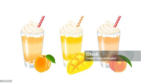 밀크쉐이크 세트 유리 컵에 휘핑 크림과 과일 칵테일의 벡터 만화 그림 여름 음료 플랫 아이콘입니다 살구 복숭아 망고 밀크 셰이크에 대한 스톡 벡터 아트 및 기타 이미지