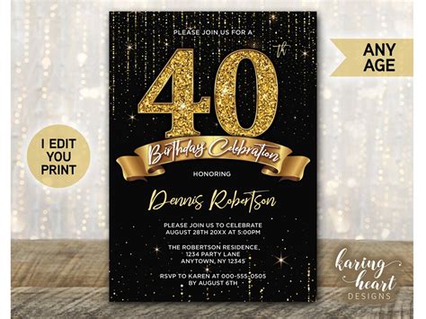40th Birthday Invitation Adult Men Birthday Invite Black And Gold