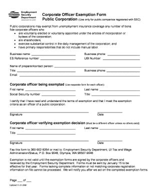 Fillable Online Esd Wa Corporate Officer Exemption Form Public