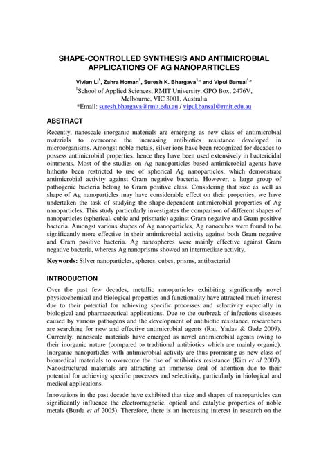 Pdf Shape Controlled Synthesis And Antimicrobial Applications Of Ag