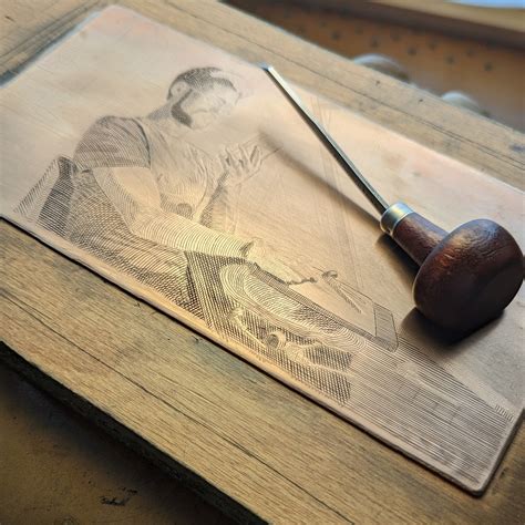 Work In Dark Original Hand Engraved Copperplate Engraving Linocut