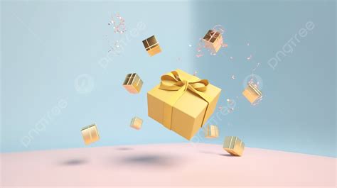 黃金禮盒從桌子上飛下來的 3d 動畫 帶有金色絲帶蝴蝶結的 3d 禮品盒在柔和的背景 3d 渲染上懸浮飛行禮物 高清攝影照片背景圖片和桌布免費下載