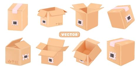 흰색 배경에 분리된 기호가 있는 3d 판지 상자 아이콘 집합입니다 취약성 신중한 취급 비와 물로부터의 보호의 상징이 있는 골판지
