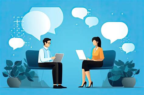 Two Business People Using Laptops And Speech Bubbles Premium Ai