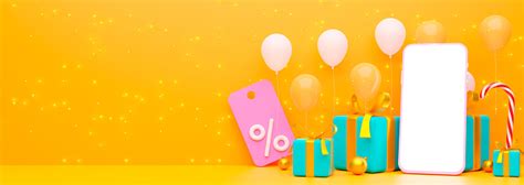 노란색 배경에 선물 상자 쿠폰 전화 조명 공기와 크리스마스 공과 롤리팝 웹 배너 3d 렌더링 선물에 대한 스톡 사진 및 기타 이미지 Istock