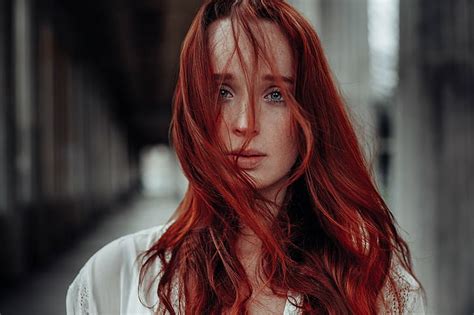 Women Redhead Blue Eyes Looking At Viewer Hair In Face Women