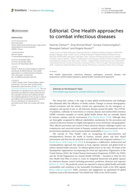 Pdf Editorial One Health Approaches To Combat Infectious Diseases