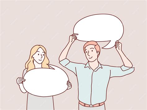 빈 빈 거품 연설 간단한 한국 스타일 일러스트를 들고 웃는 행복한 커플 남자 여자 프리미엄 벡터