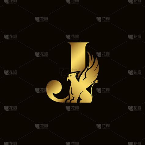 狮鹫剪影内金字j纹章符号兽古代神话或幻想。创意设计元素的标志类型，徽章，字母，图标或象征的公司，公司