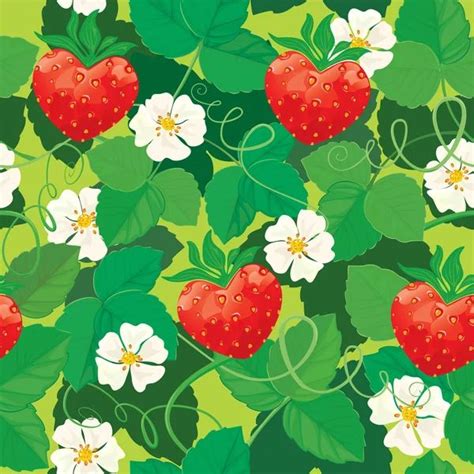 Seamless Pattern Strawberries In Heart Shapes With Flowers And