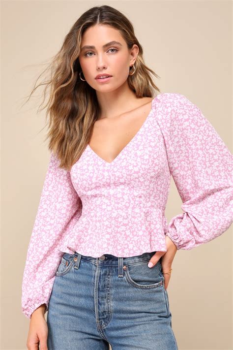 Cute Pink Floral Top Lace Up Top Long Puff Sleeve Blouse Lulus