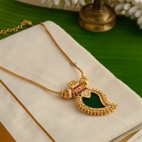 Green Stone Mango Design Palakka Necklace South India Jewels