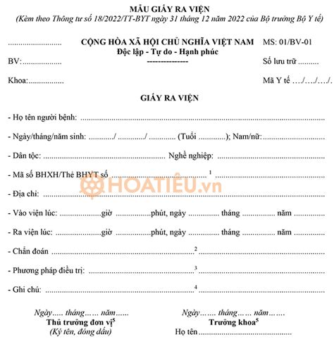 Mẫu giấy ra viện 2024 Chuẩn Thông tư 18 2022 Giấy ra viện và cách viết