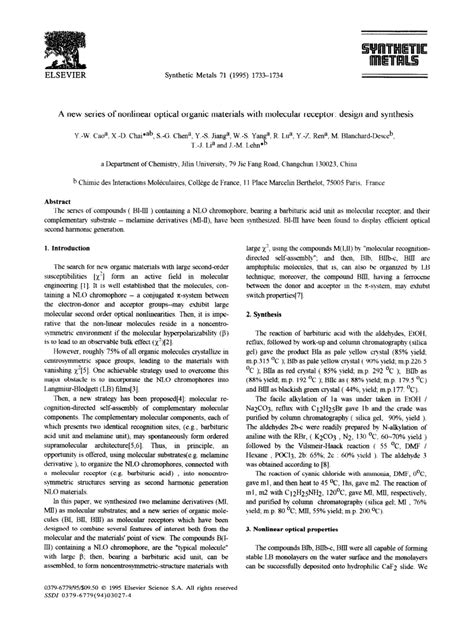 Pdf A New Series Of Nonlinear Optical Organic Materials With Molecular Receptor Design And