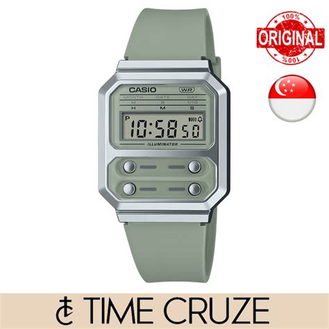[time Cruze] Casio A100 Vintage Style Green Grey Resin Strap Digital Unisex Watch A100wef 3adf
