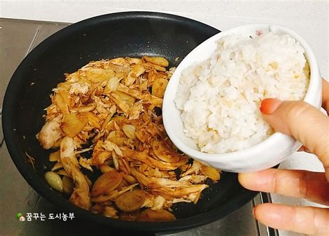 후라이드치킨 먹다 남은거로 마늘닭고기볶음밥 만들었어요