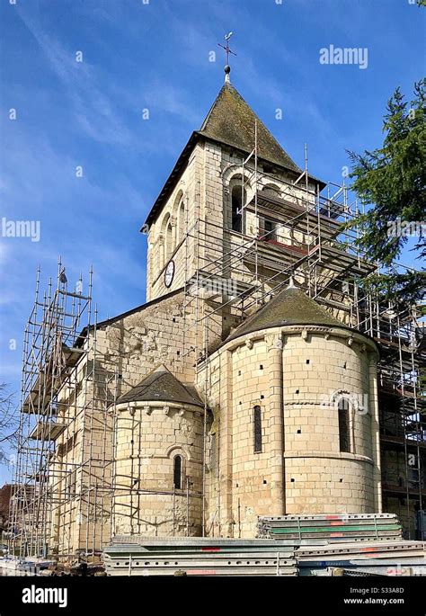 Scaffolding Erected On Ancient Church Undergoing Restoration France